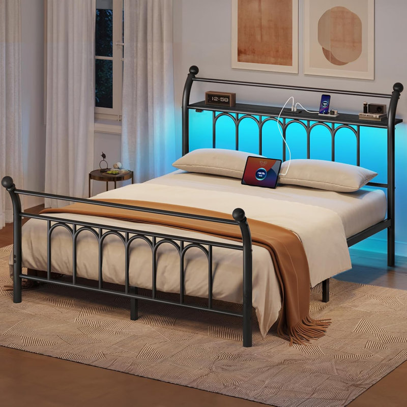 Wrought Studio LED Bed Frame With Storage Headboard 14 Inch Black Metal Platform Bed With Sleigh Headboard And Footboard Wayfair